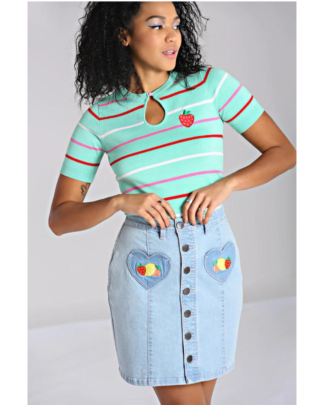 Hell Bunny Molly Fruit Embroidered Denim Skirt Sidecca